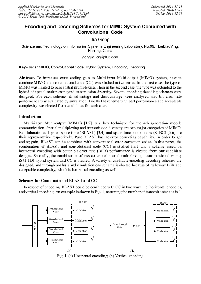 Encoding and Decoding Schemes for MIMO System Combined with Convolutional Code | Scientific.Net