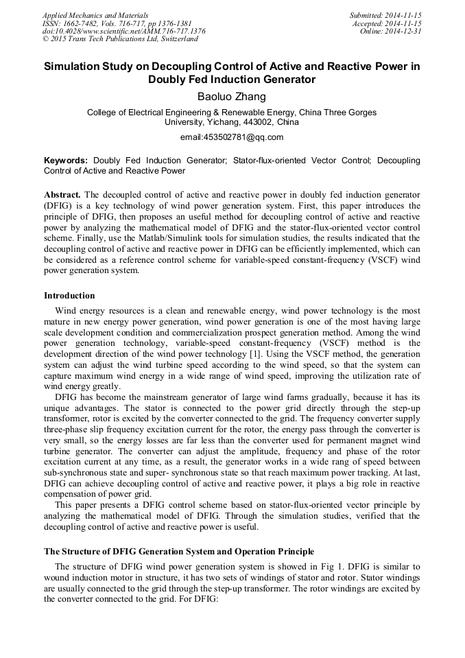 Simulation Study on Decoupling Control of Active and Reactive Power in Doubly Fed Induction ...