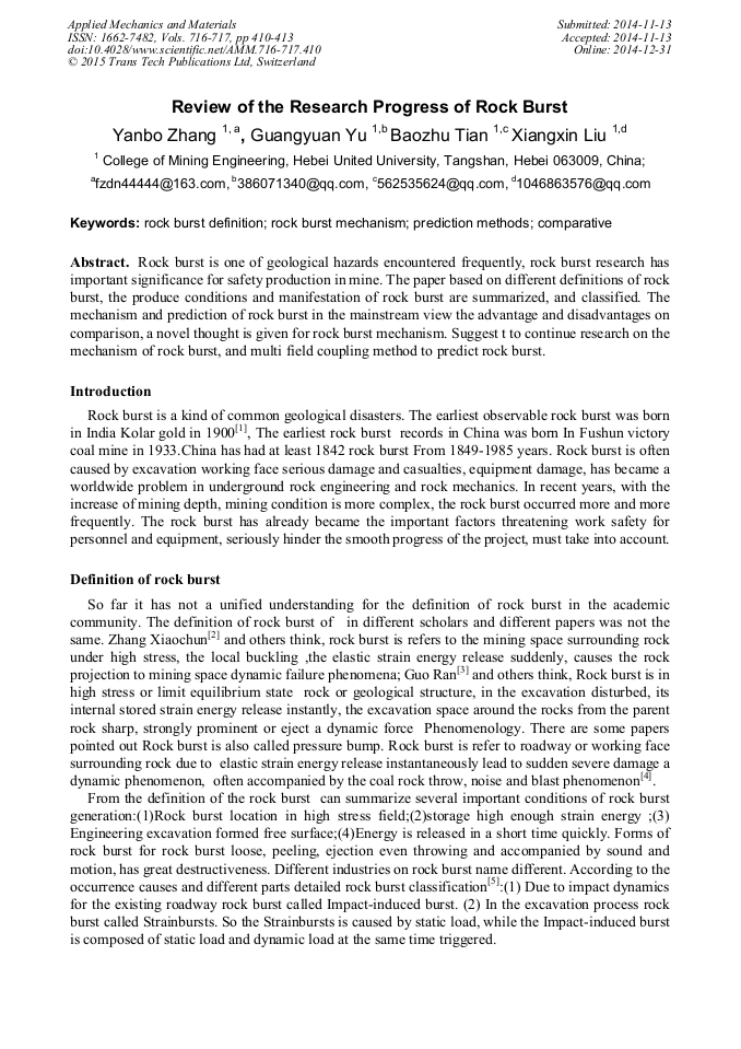 Review of the Research Progress of Rock Burst | Scientific.Net