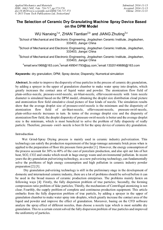 The Selection of Ceramic Dry Granulating Machine Spray Device Based on ...