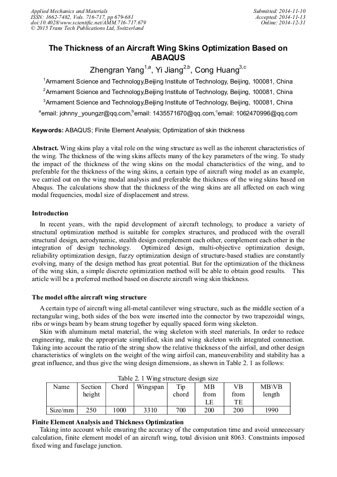 The Thickness of an Aircraft Wing Skins Optimization Based on ABAQUS ...