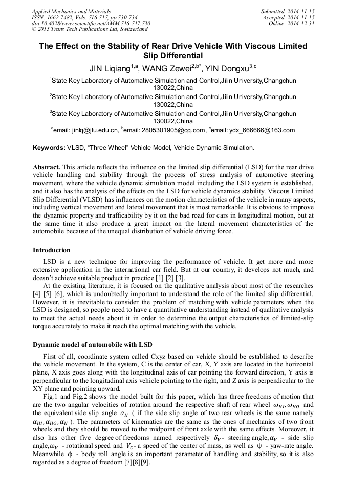 The Effect on the Stability of Rear Drive Vehicle with Viscous Limited ...