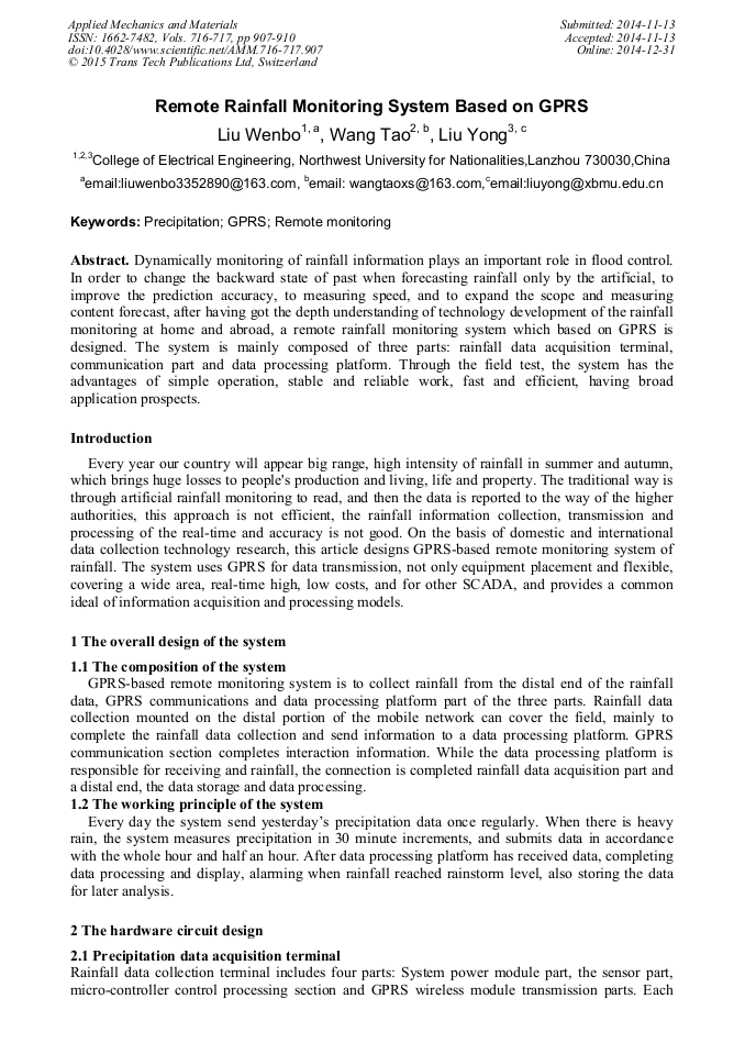 Remote Rainfall Monitoring System Based on GPRS | Scientific.Net