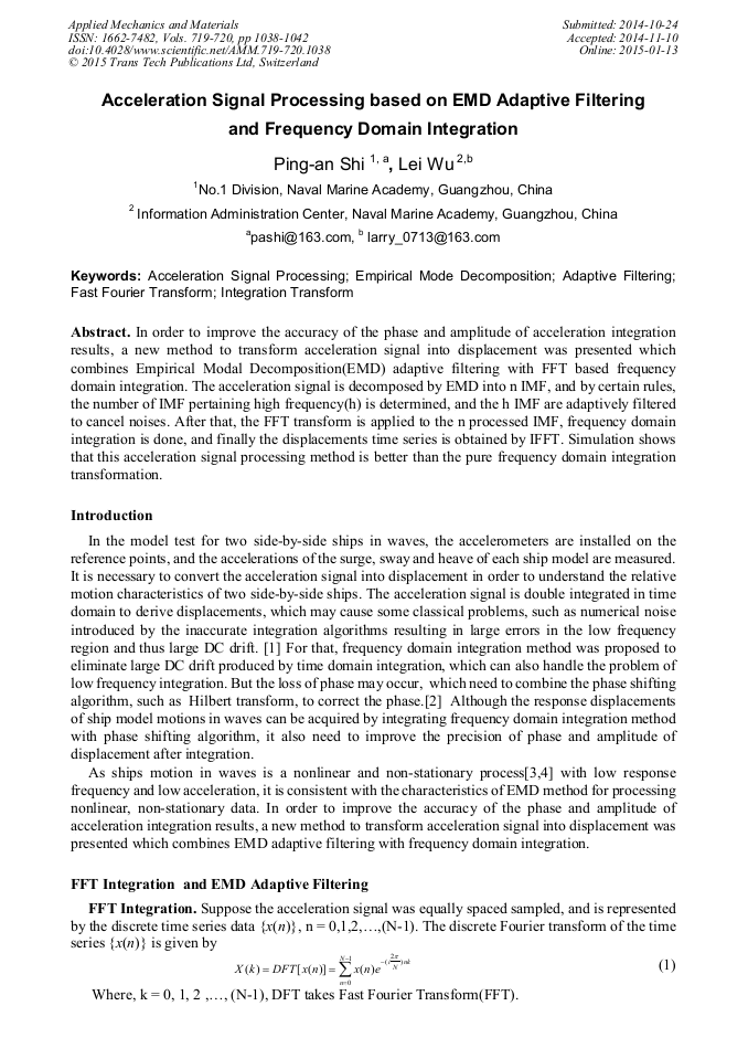 Acceleration Signal Processing Based on EMD Adaptive Filtering and ...