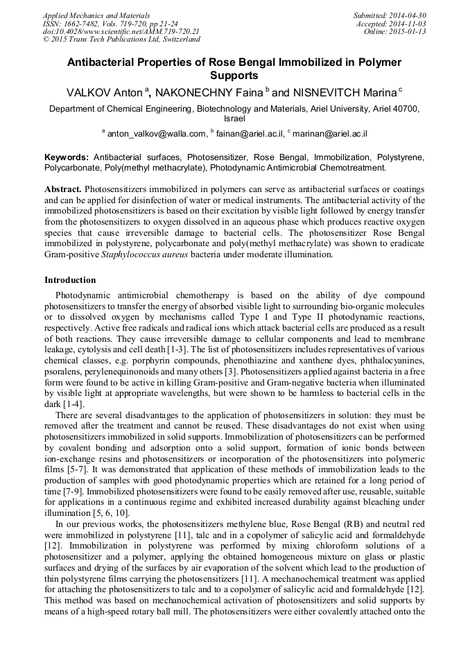 Antibacterial Properties of Rose Bengal Immobilized in Polymer Supports ...