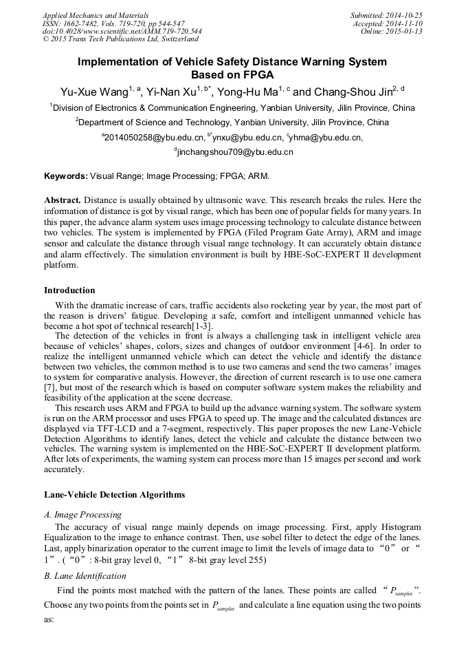Implementation of Vehicle Safety Distance Warning System Based on FPGA ...