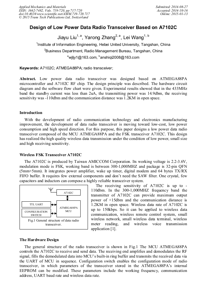 Design of Low Power Data Radio Transceiver Based on A7102C | Scientific.Net