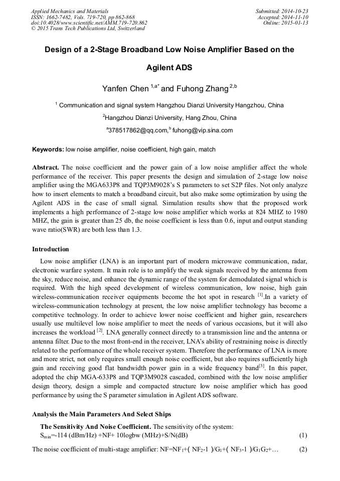 Design of a 2-Stage Broadband Low Noise Amplifier Based on the Agilent ...