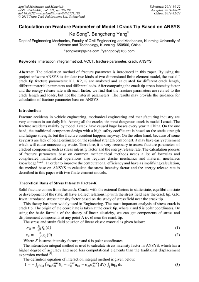 Calculation on Fracture Parameter of Model I Crack Tip Based on ANSYS ...