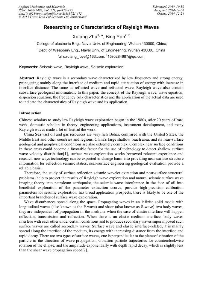 Researching on Characteristics of Rayleigh Waves | Scientific.Net
