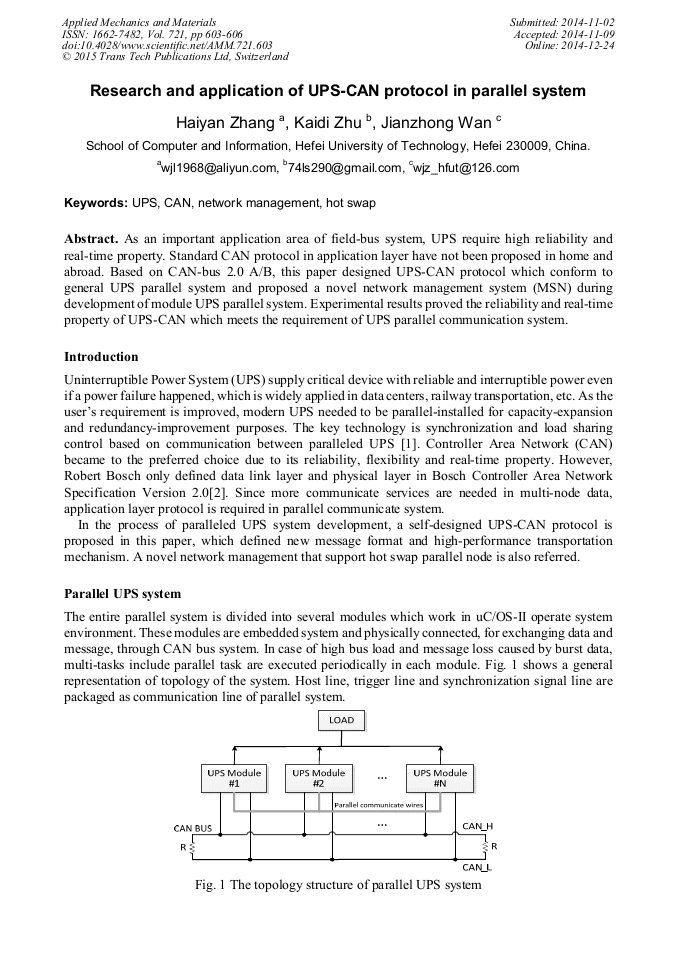 Research and Application of UPS-CAN Protocol in Parallel System ...