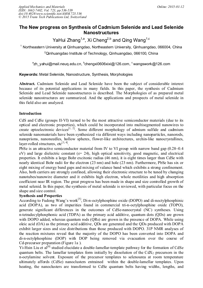 The New Progress on Synthesis of Cadmium Selenide and Lead Selenide ...