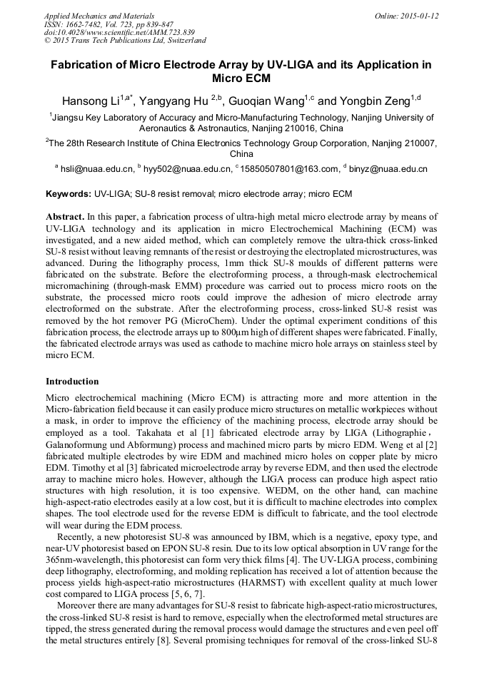 Fabrication of Micro Electrode Array by UV-LIGA and its Application in ...