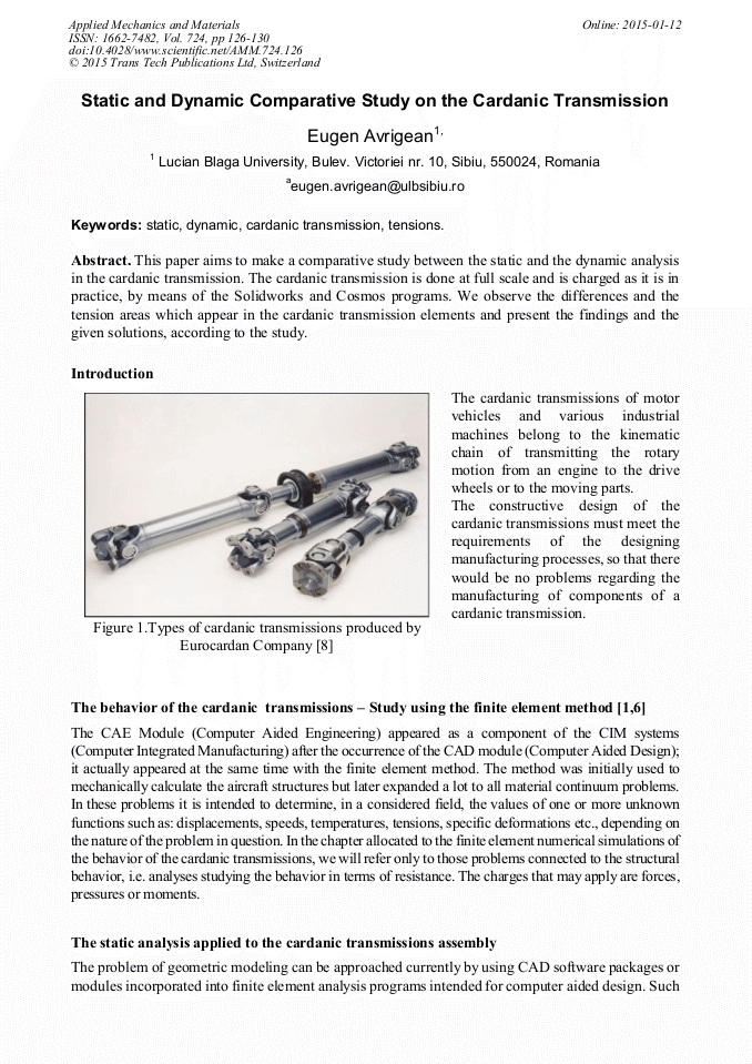 Static and Dynamic Comparative Study on the Cardanic Transmission ...