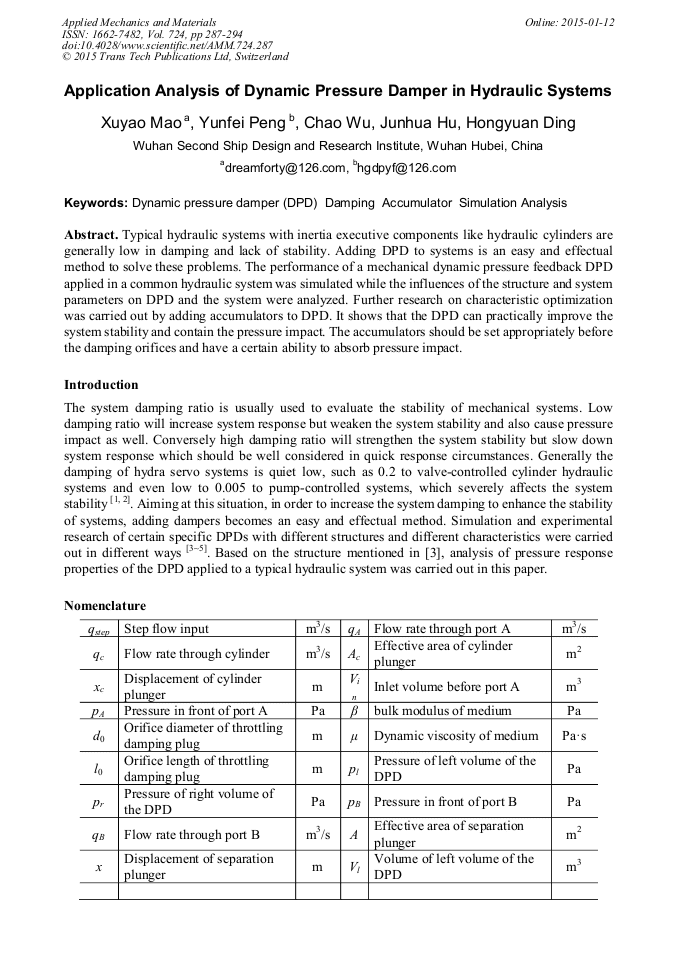 Application Analysis of Dynamic Pressure Damper in Hydraulic Systems ...