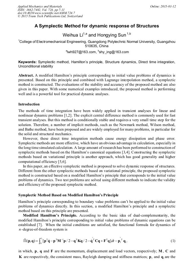 A Symplectic Method for Dynamic Response of Structures | Scientific.Net