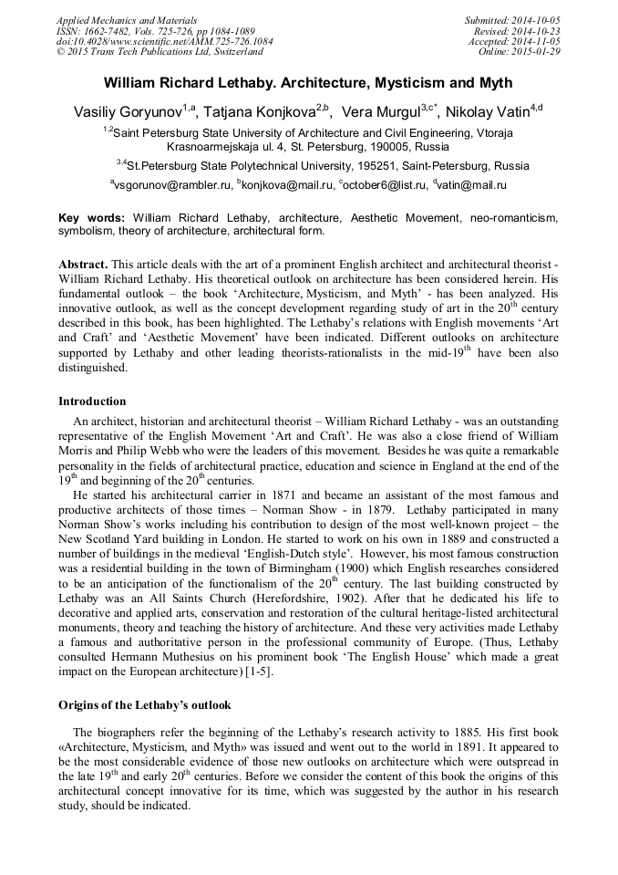 William Richard Lethaby – Architecture, Mysticism and Myth | Scientific.Net