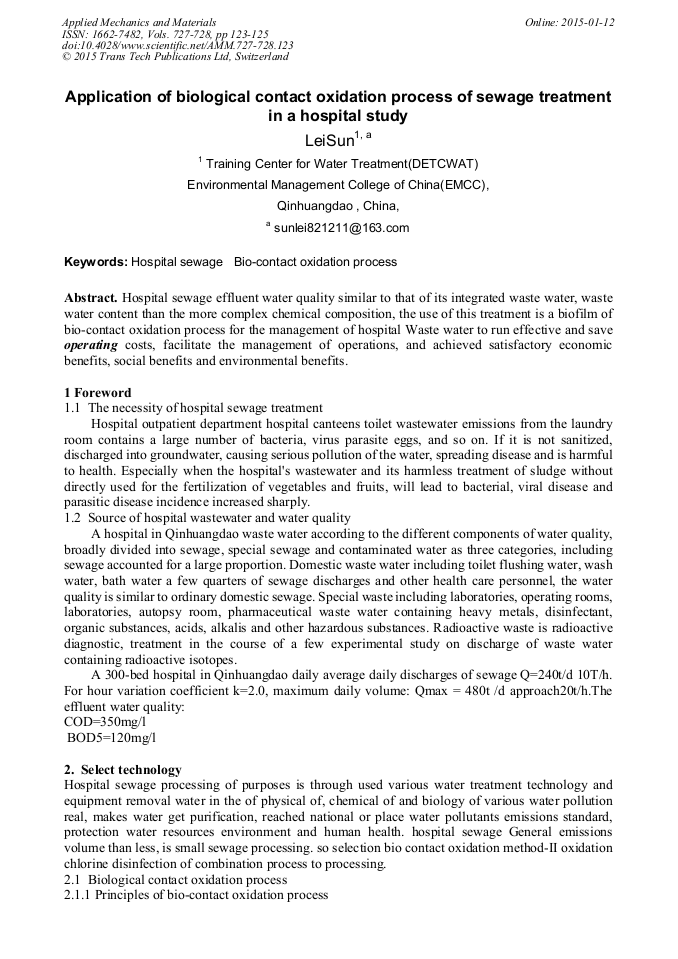 Application of Biological Contact Oxidation Process of Sewage Treatment ...