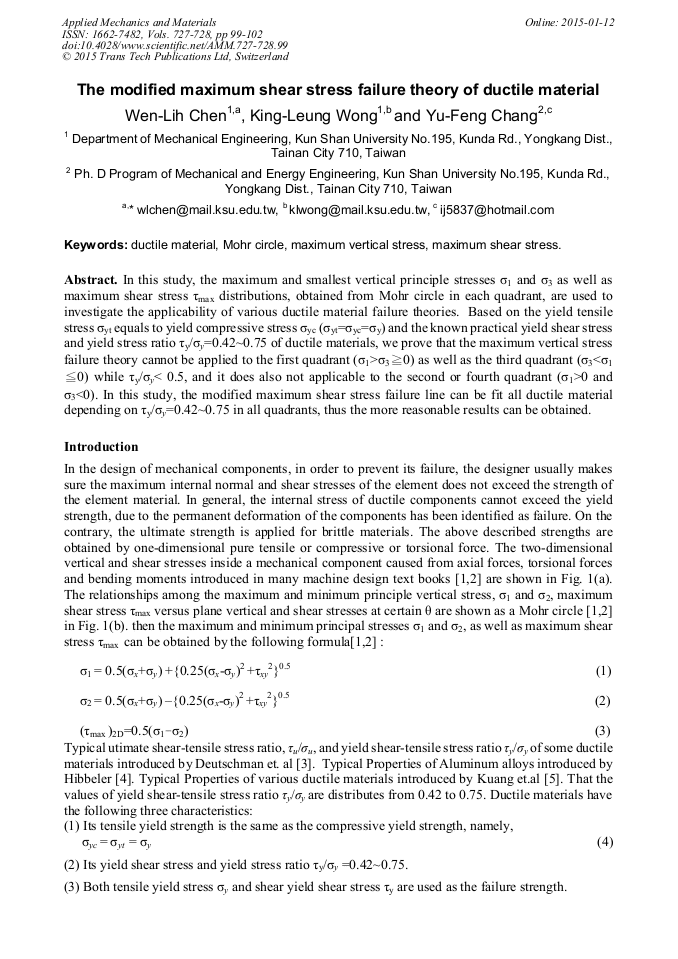 The Modified Maximum Shear Stress Failure Theory of Ductile Material ...