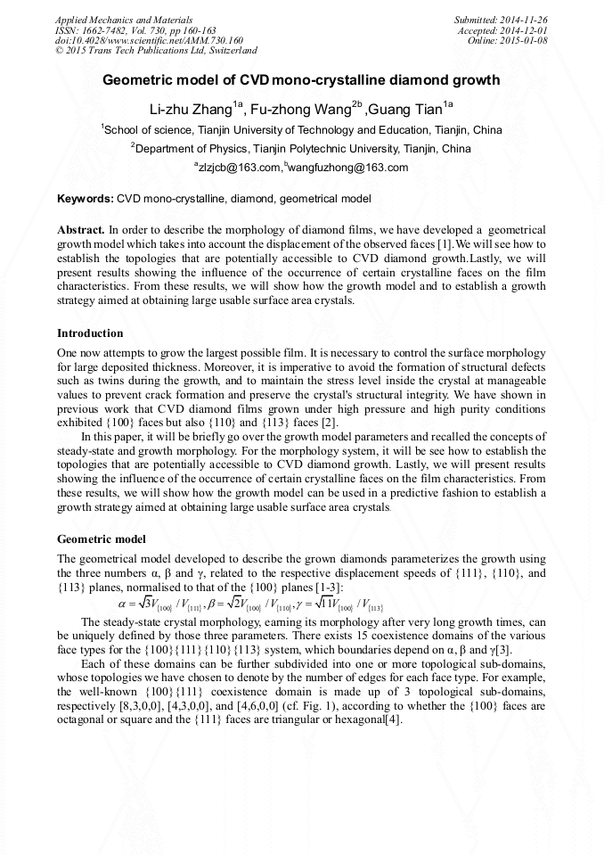 Geometric Model of CVD Mono-Crystalline Diamond Growth | Scientific.Net