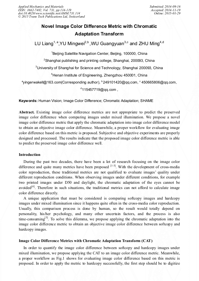 Novel Image Color Difference Metric with Chromatic Adaptation Transform ...