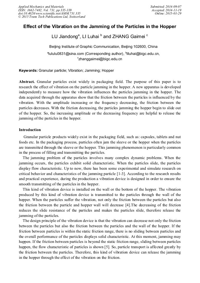 Effect of the Vibration on the Jamming of the Particles in the Hopper ...