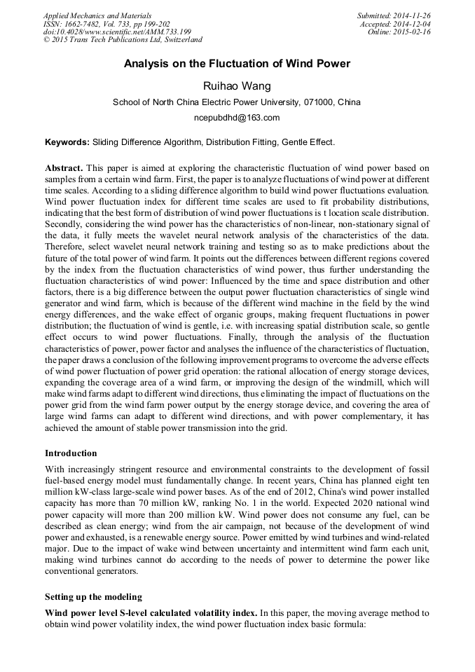 Analysis on the Fluctuation of Wind Power | Scientific.Net