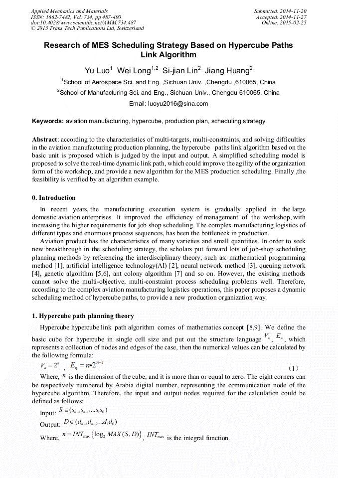 Research of MES Scheduling Strategy Based on Hypercube Paths Link Algorithm | Scientific.Net