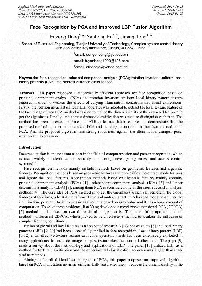 Face Recognition by PCA and Improved LBP Fusion Algorithm | Scientific.Net