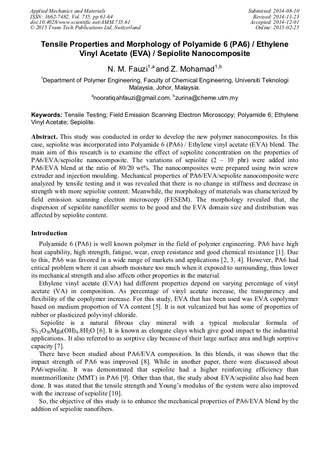 Tensile Properties and Morphology of Polyamide 6 (PA6)/Ethylene Vinyl ...