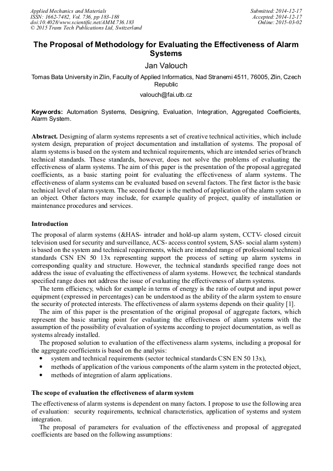 The Proposal of Methodology for Evaluating the Effectiveness of Alarm ...