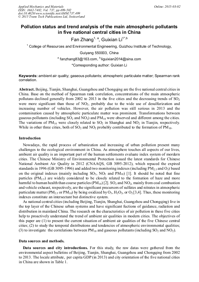 Pollution Status and Trend Analysis of the Main Atmospheric Pollutants ...