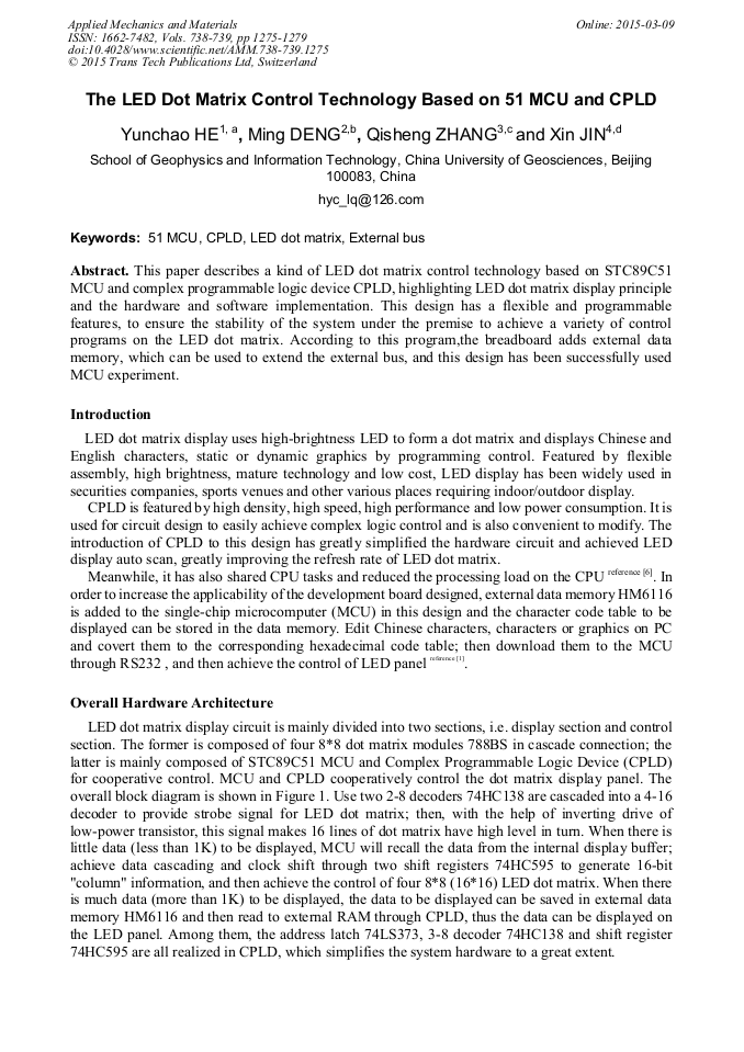 The LED Dot Matrix Control Technology Based on 51 MCU and CPLD | Scientific.Net