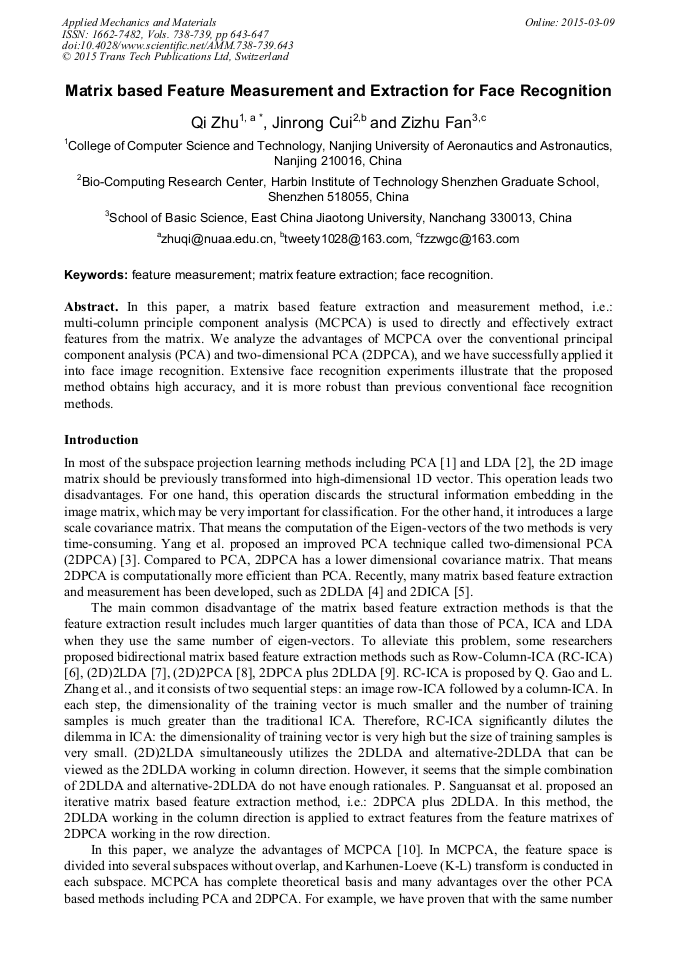 Matrix Based Feature Measurement and Extraction for Face Recognition ...