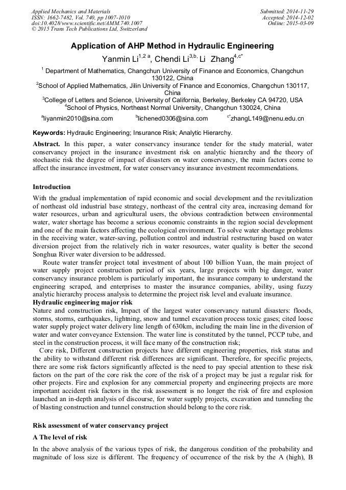 Application of AHP Method in Hydraulic Engineering | Scientific.Net