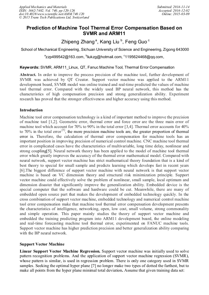 Prediction of Machine Tool Thermal Error Compensation Based on SVMR and ARM11 | Scientific.Net