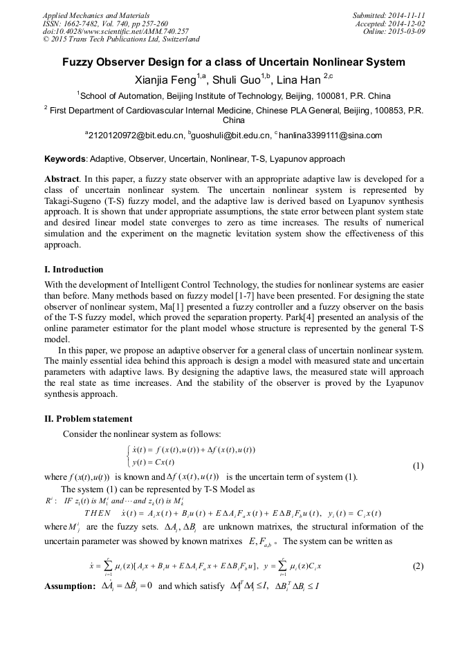 Fuzzy Observer Design for a Class of Uncertain Nonlinear System | Scientific.Net
