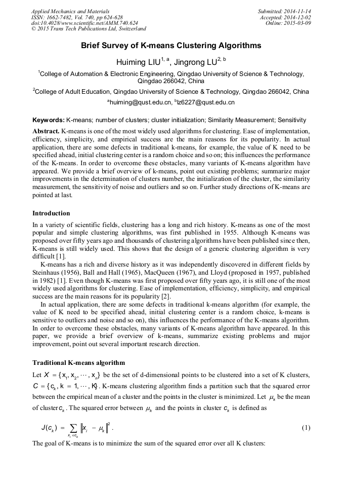 Brief Survey of K-Means Clustering Algorithms | Scientific.Net