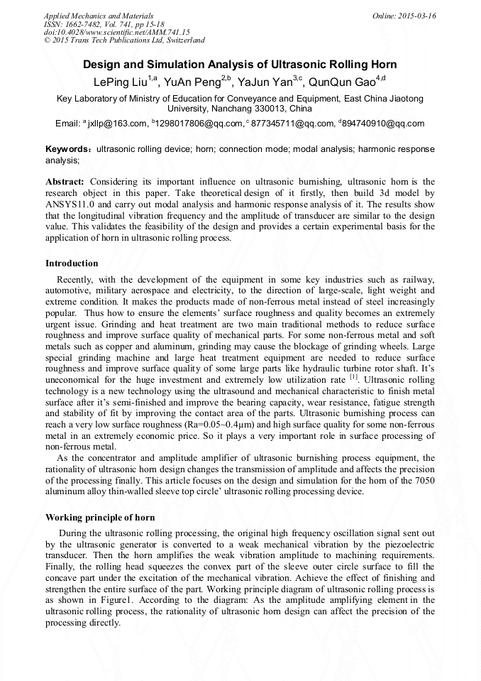 Design and Simulation Analysis of Ultrasonic Rolling Horn | Scientific.Net