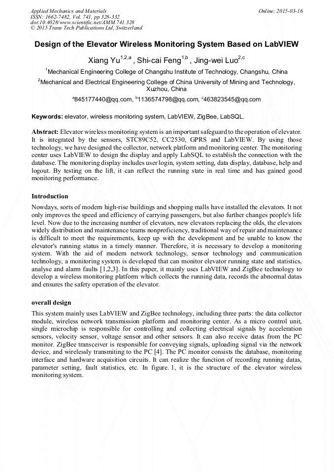 Design of the Elevator Wireless Monitoring System Based on LabVIEW ...