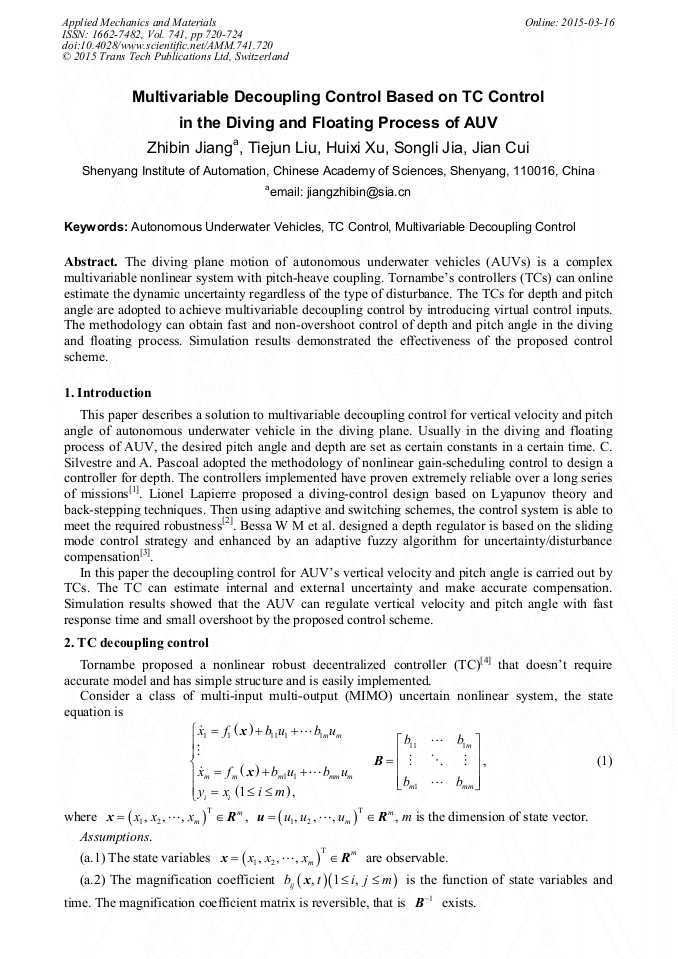 Multivariable Decoupling Control Based on TC Control in the Diving and ...
