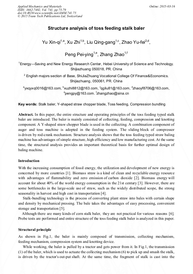 Structure Analysis of Toss Feeding Stalk Baler | Scientific.Net