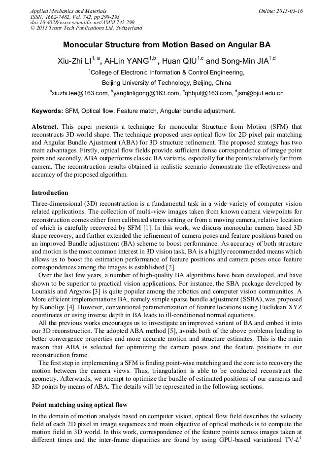 Monocular Structure from Motion Based on Angular BA | Scientific.Net