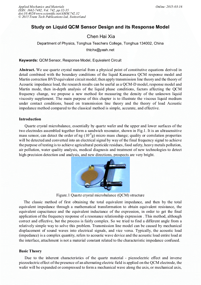 Study on Liquid QCM Sensor Design and its Response Model | Scientific.Net