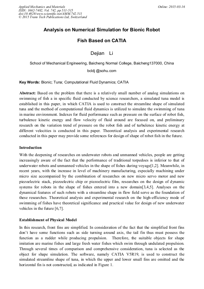 Analysis on Numerical Simulation for Bionic Robot Fish Based on CATIA ...