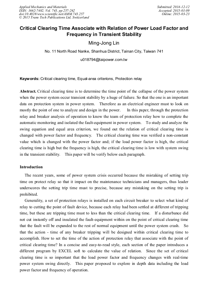 Critical Clearing Time Associate with Relation of Power Load Factor and ...