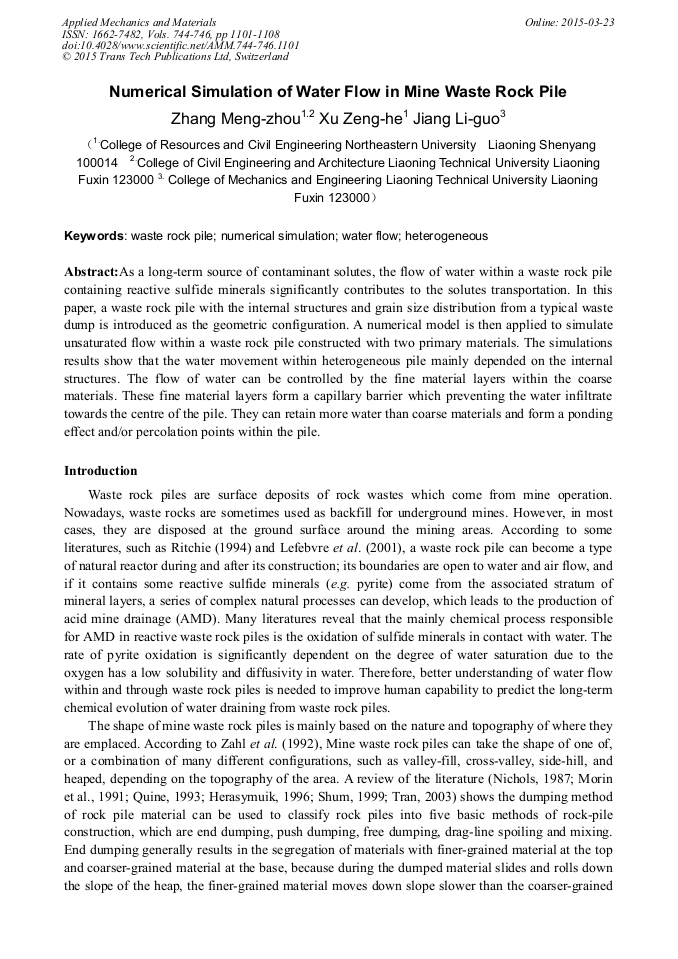 Numerical Simulation of Water Flow in Mine Waste Rock Pile | Scientific.Net