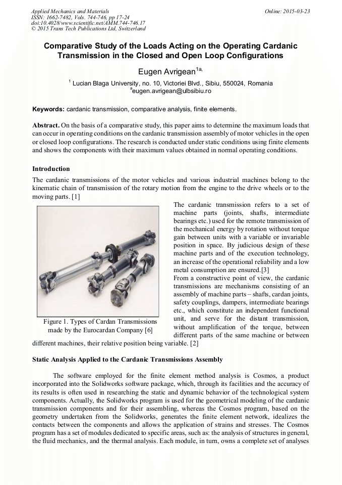 Comparative Study of the Loads Acting on the Operating Cardanic ...