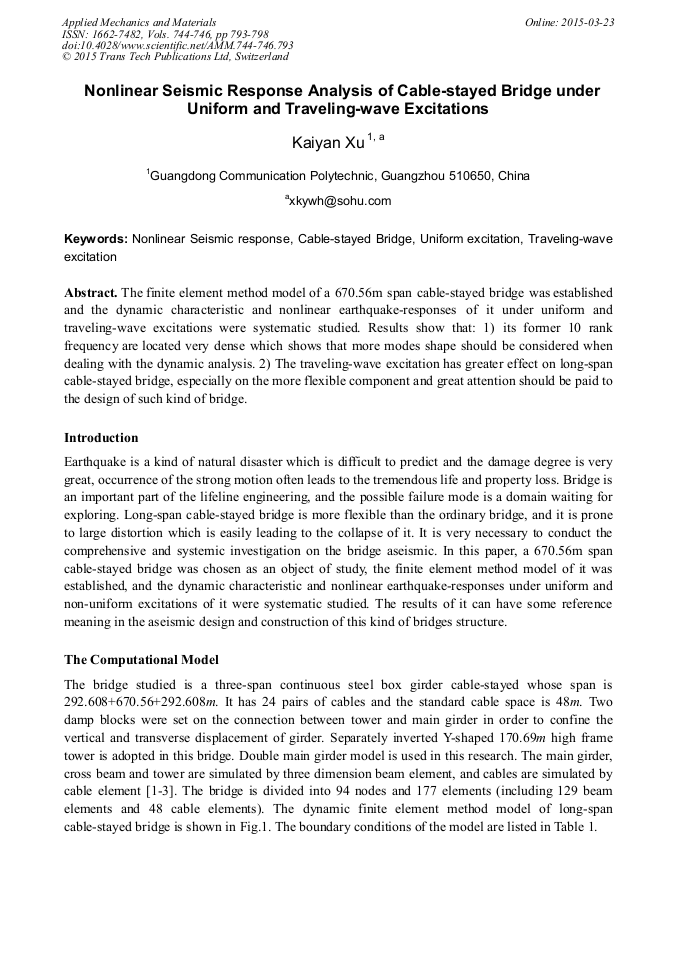 Nonlinear Seismic Response Analysis Of Cable Stayed Bridge Under Uniform And Traveling Wave