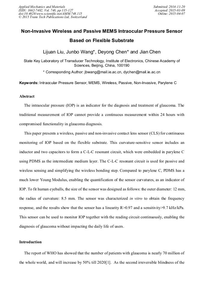 Non-Invasive Wireless and Passive MEMS Intraocular Pressure Sensor ...